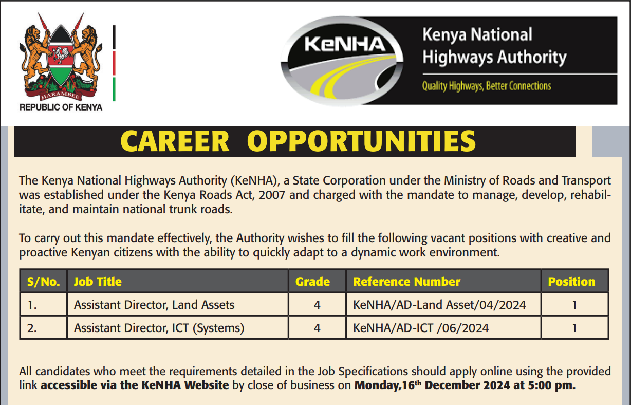 Latest Jobs at Kenya National Highways Authority (KeNHA) December 2025